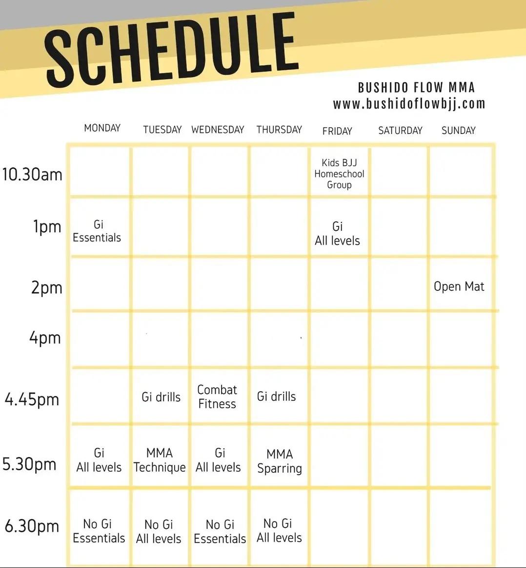 Timetable – Bushido Flow MMA